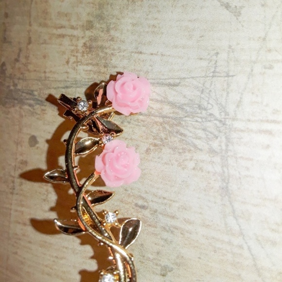 Jewelry | Gold Leafy Pink Rose Cuff Ear Vine Wrap Earrings | Poshmark